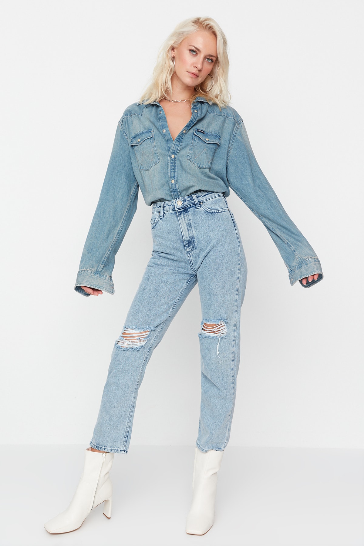 Trendyol Blue Ripped High Waist Straight Jeans