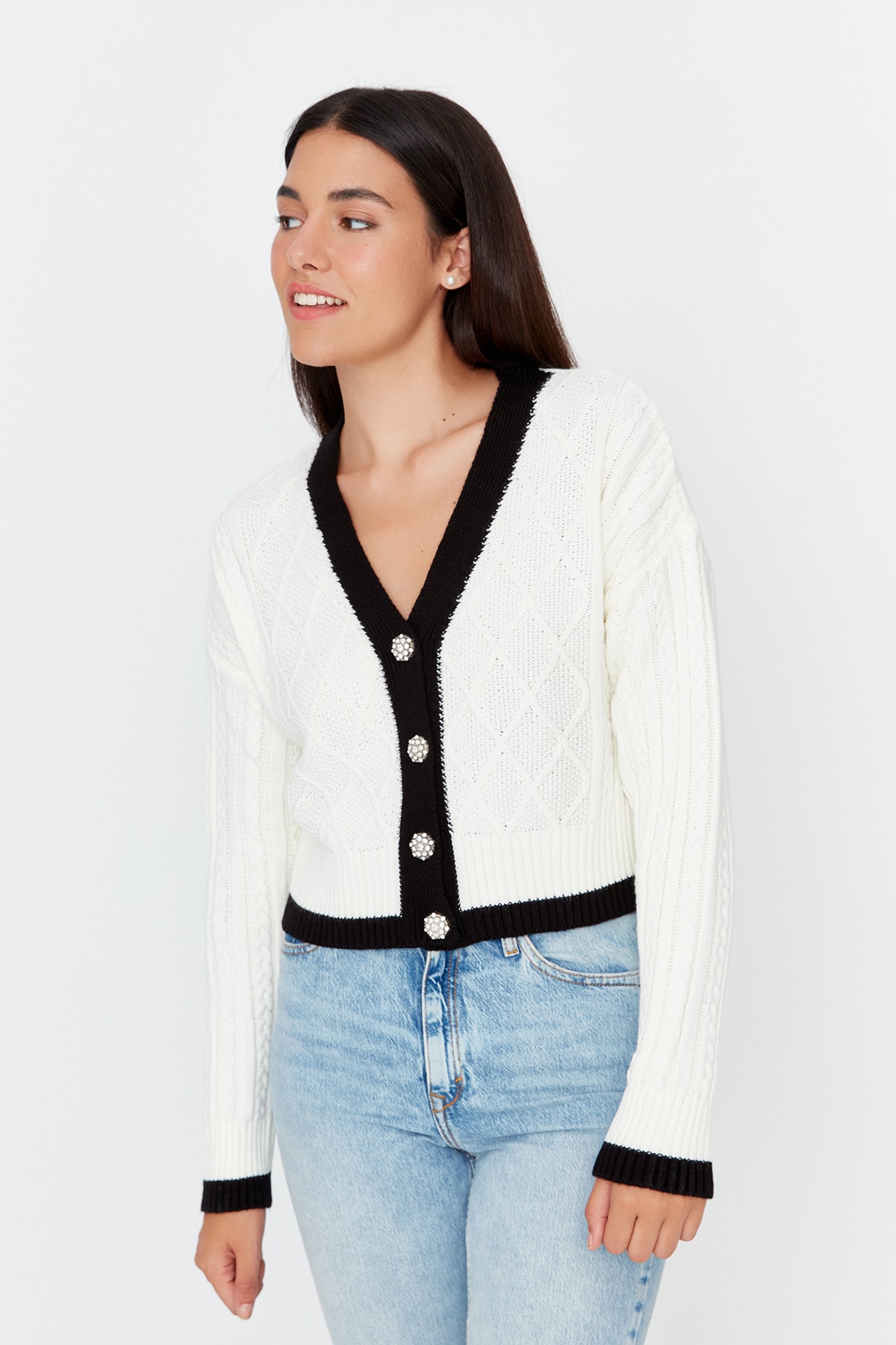 Trendyol Ecru with Jewels Button Detailed Knitwear Cardigan
