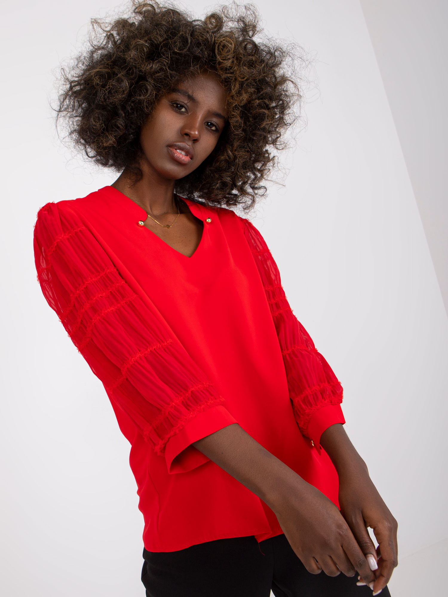 Red formal blouse with V-neck