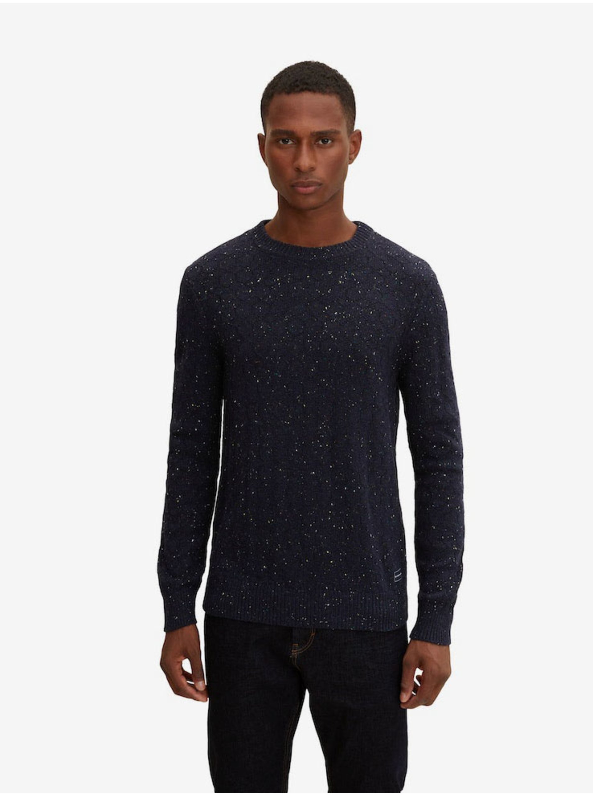 Navy blue men's brindle sweater with wool blend Tom Tailor